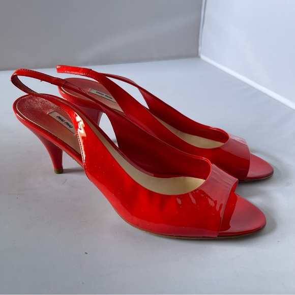 Miu Miu | Shoes | Miu Miu Red Patent Leather Peep Toe Sling Back Heels ...